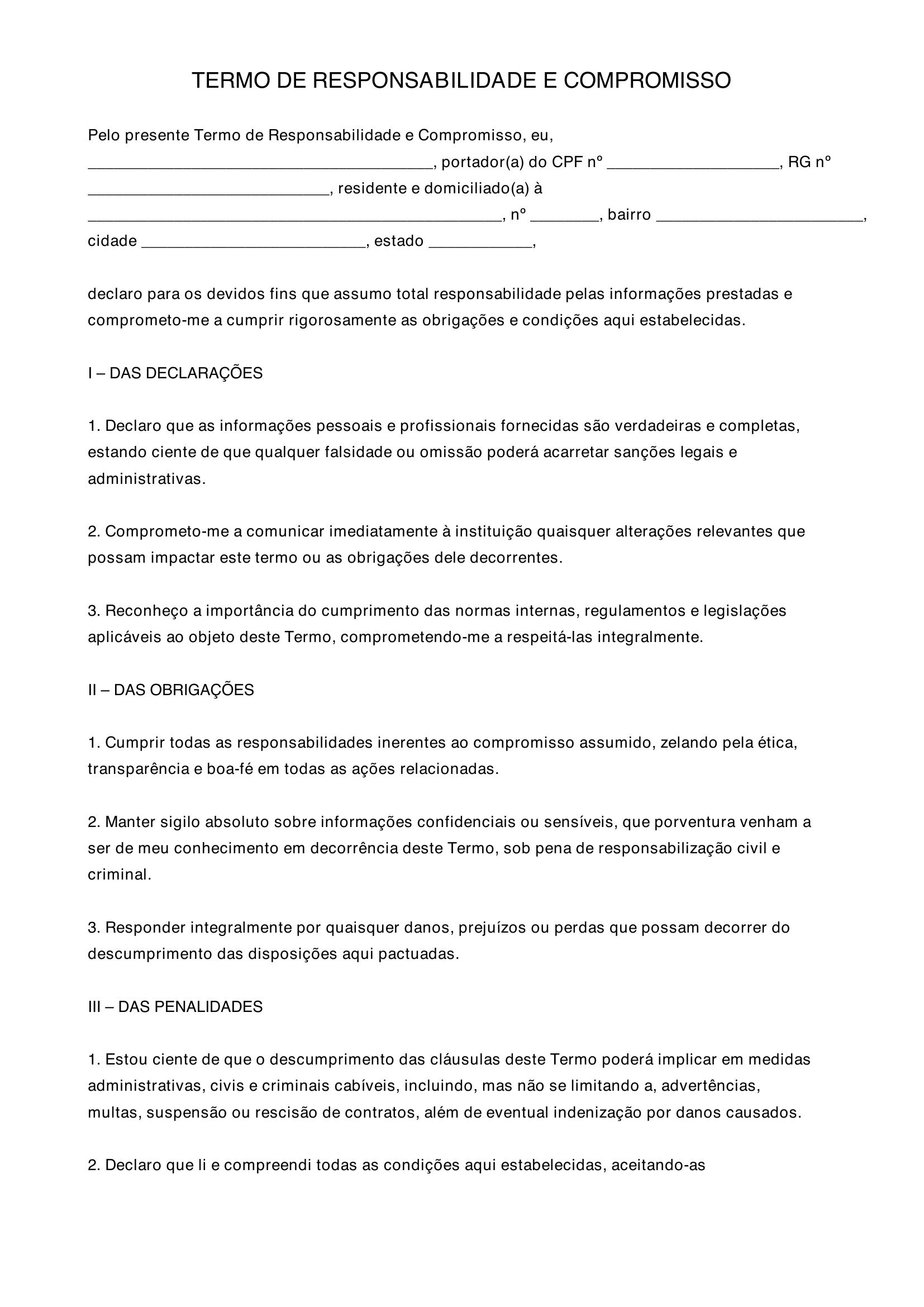 Modelo De Termo De Responsabilidade E Compromisso